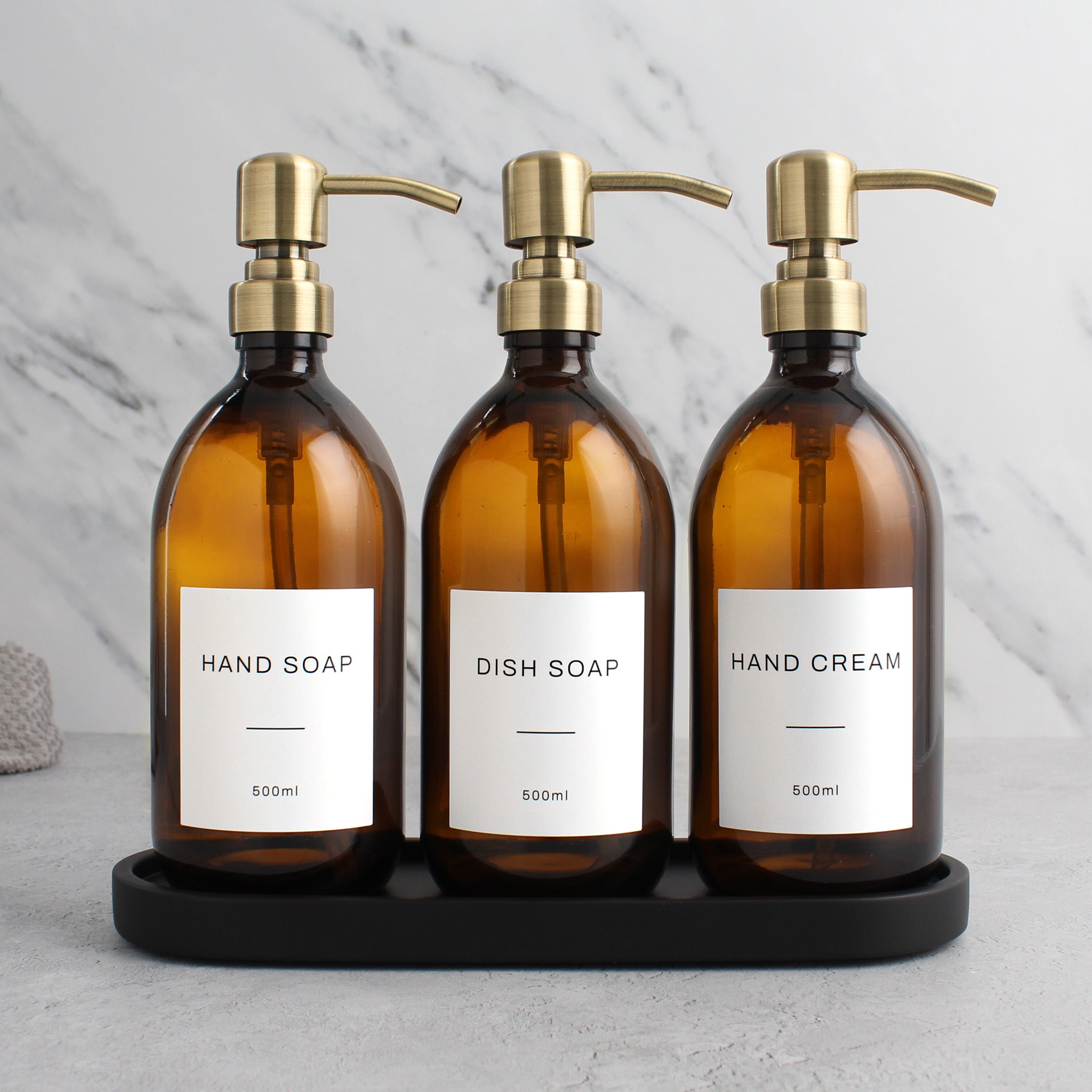 Black Tray & Amber Glass Dispenser Triple Set – Namie Home